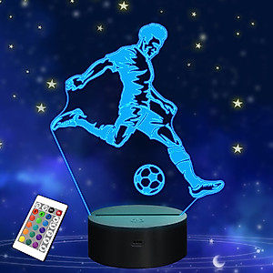 FULLOSUN Soccer Night Light, 3D Optical Illusion Lamp for Soccer Fan, Idea Birthday Xmas Gifts for Sport Fan Boys Girls with Remote Control 16 Color Change + Dim Function + 4 Flash Mode