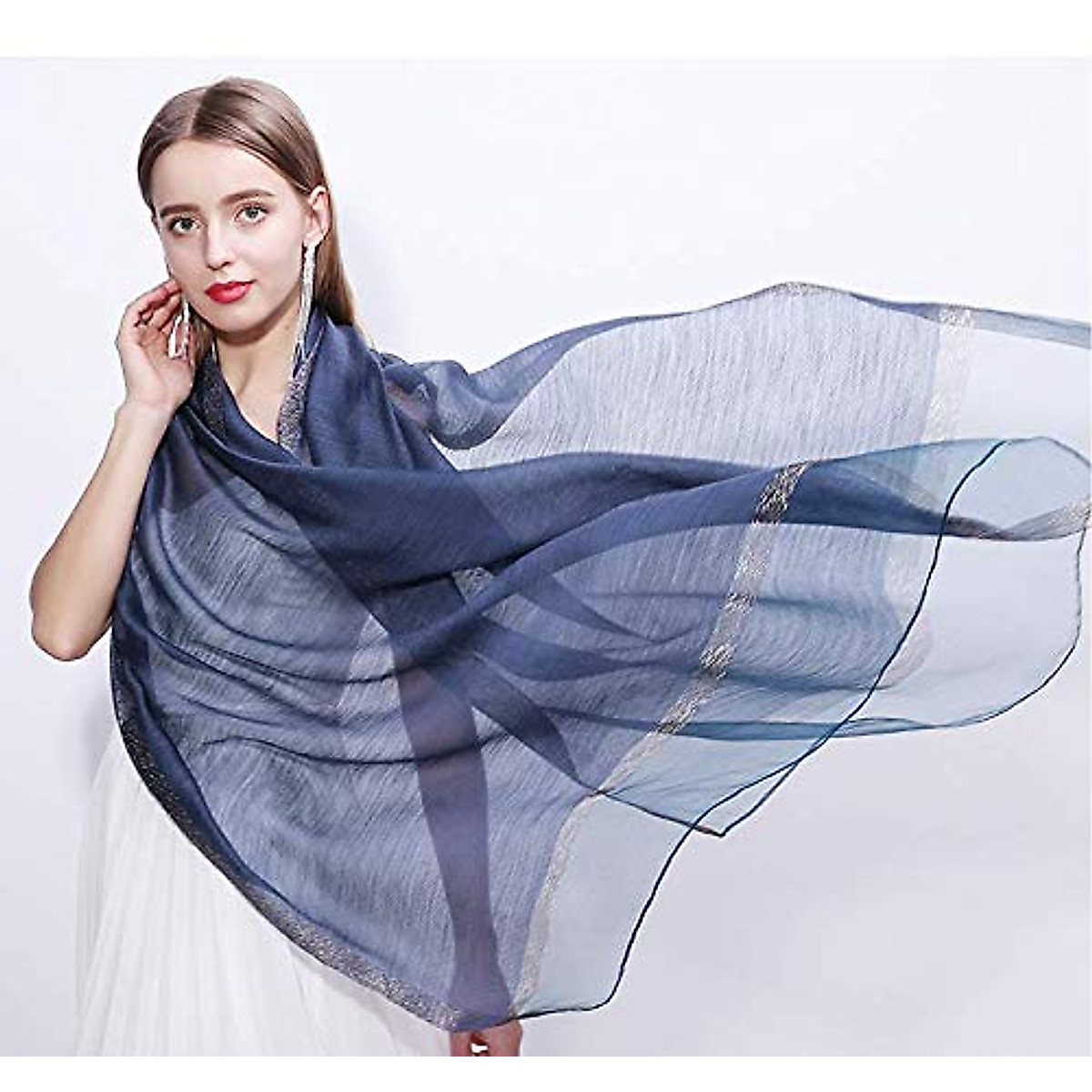 HURESON Lightweight Silk Scarf Elegant Soft Shawls and Wraps for Evening Dresses glitter Scarves for Women for All Seasons (Navy blue)