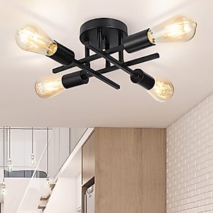 Semi Flush Mount Ceiling Light Fixture 4-Light, Modern Farmhouse Close to Ceiling Light Black, E26 Socket Chandelier Light Fixture Ceiling for Bedroom Kitchen hallway bathroom Living Room Dining Room