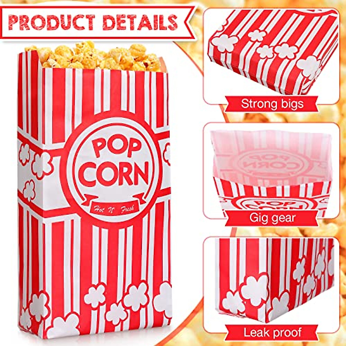 Paper Popcorn Bags 2 oz Grease Resistant Popcorn Bags Individual Servings Tear Resistant Popcorn Holders Red and White Container Popcorn for Carnival Movie Party Supply, 5.5 x 2 x 11.2 Inch (500 Pcs)