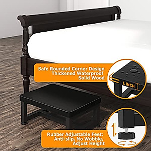 Step Stools for Adults Kids with Non-Slip Rubber Feet, Heavy Duty Wide Wooden Stepping 500-LBS Capacity Bedroom Kitchen Bathroom, Sturdy Bed Steps High Beds, Easy Assembly, Black