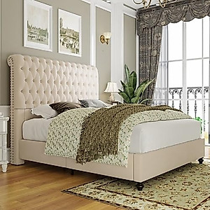 Jocisland King Size Upholstered Bed Frame and Headboard Sleigh PlatformTufted Bed/Cream