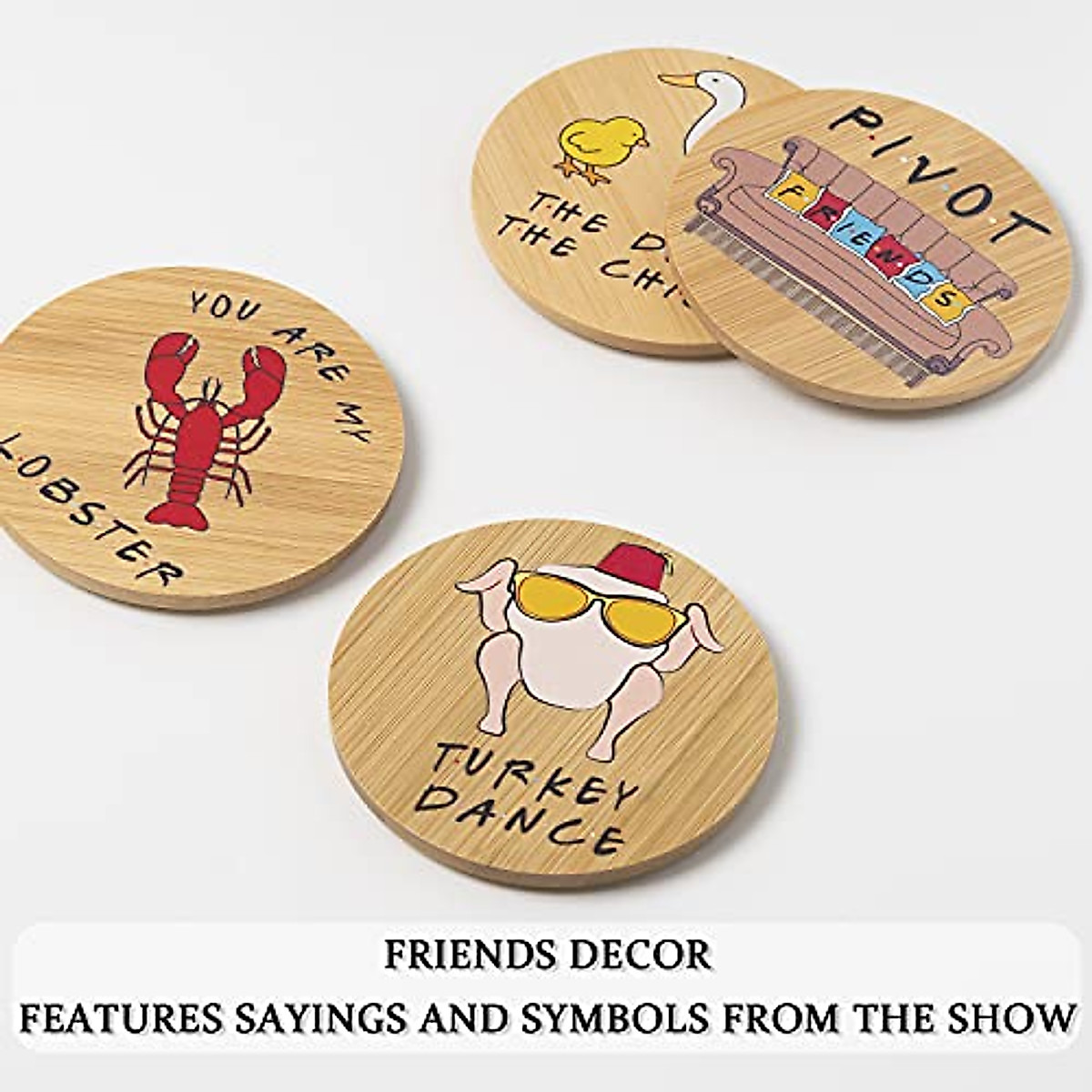 Friends Bamboo Coasters Set of 6, Friends TV Show Gifts, Friends TV Show Merchandise Presents, Funny Friends Themed Coaster Set with Coaster Holder