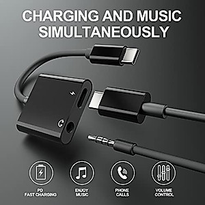 Ronsive 2 in 1 USB Type C to 3.5mm Audio Earphone Aux Splitter, PD 60W Fast Charging, Compatible with iPad Pro 2021 2020, iPad Air4 mini6 Samsung Note20 / Galaxy S22/S21, Google Pixel 6/5/4/3
