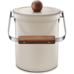 WAGENSTEIGER Kitchen Countertop Compost Bin 96 oz/3 Liter Airtight Lid SUS304 Premium Stainless Steel Odor-Free Food Waste Bin with Wooden Handle Stylish Design Modern Kitchen (Off-White)