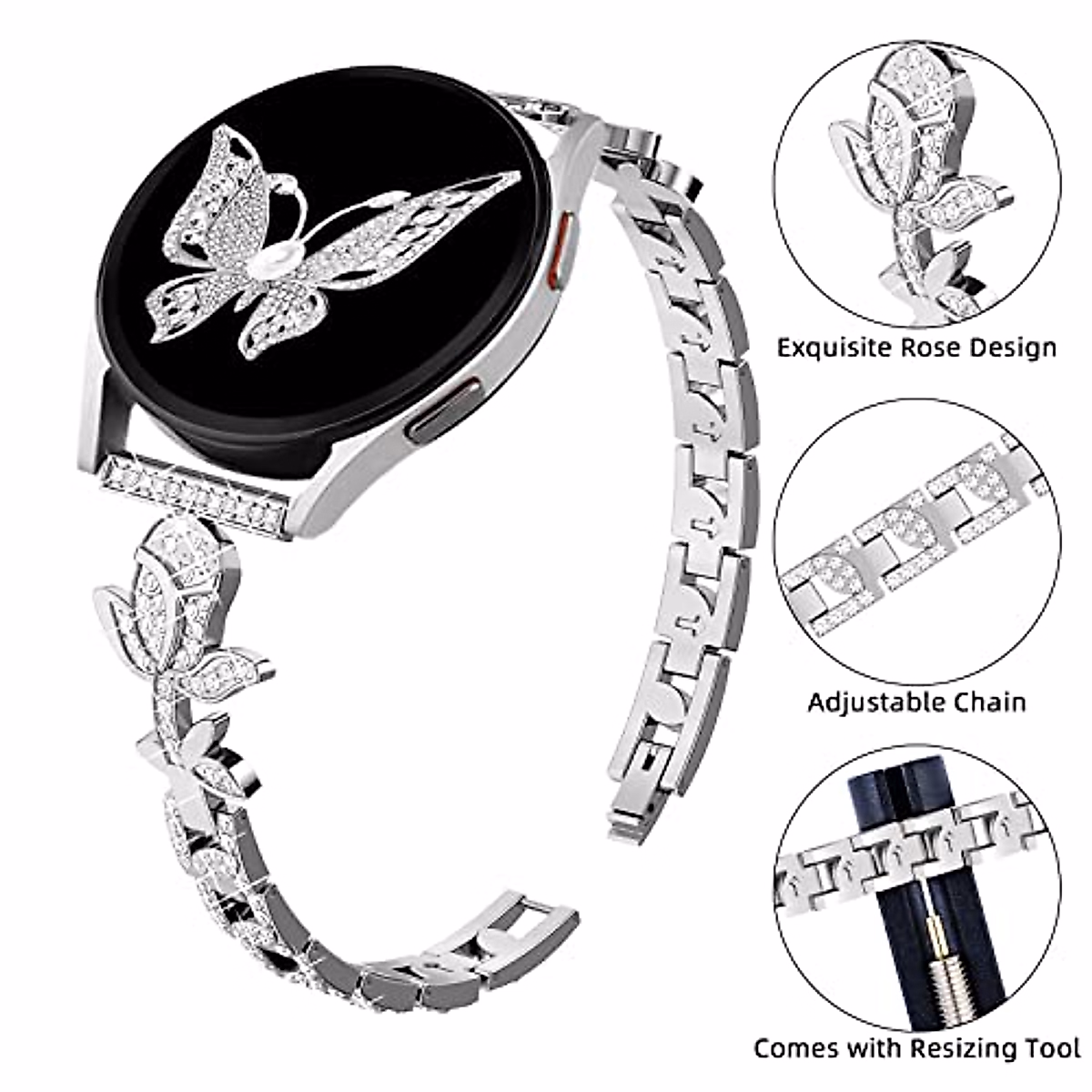 20mm Bling Rose Band for Samsung Galaxy Watch 4 40mm 44mm, Watch 5 40mm 44mm, Galaxy Watch 4 Classic 42mm 46mm, Active 2 40mm 44mm, Watch 3 41mm Adjustable Band Women Bracelet Wristband, Silver