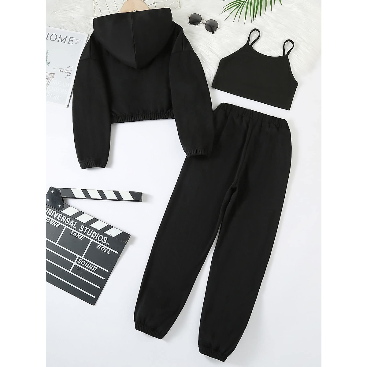 Floerns Girls Graphic Print Clothes Cami Top Sweatpants with Jacket 3 Piece Outfit Black 11-12Y