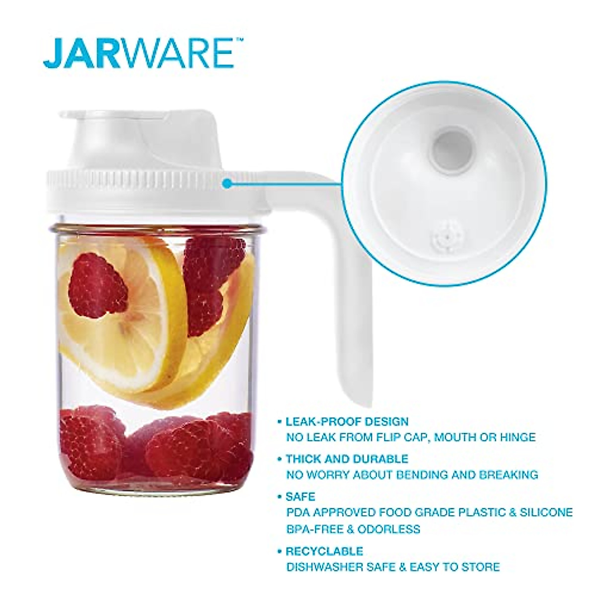Jarware 82690 White Spout Mason Jar Lid with Handle, Wide Mouth, Set of 2