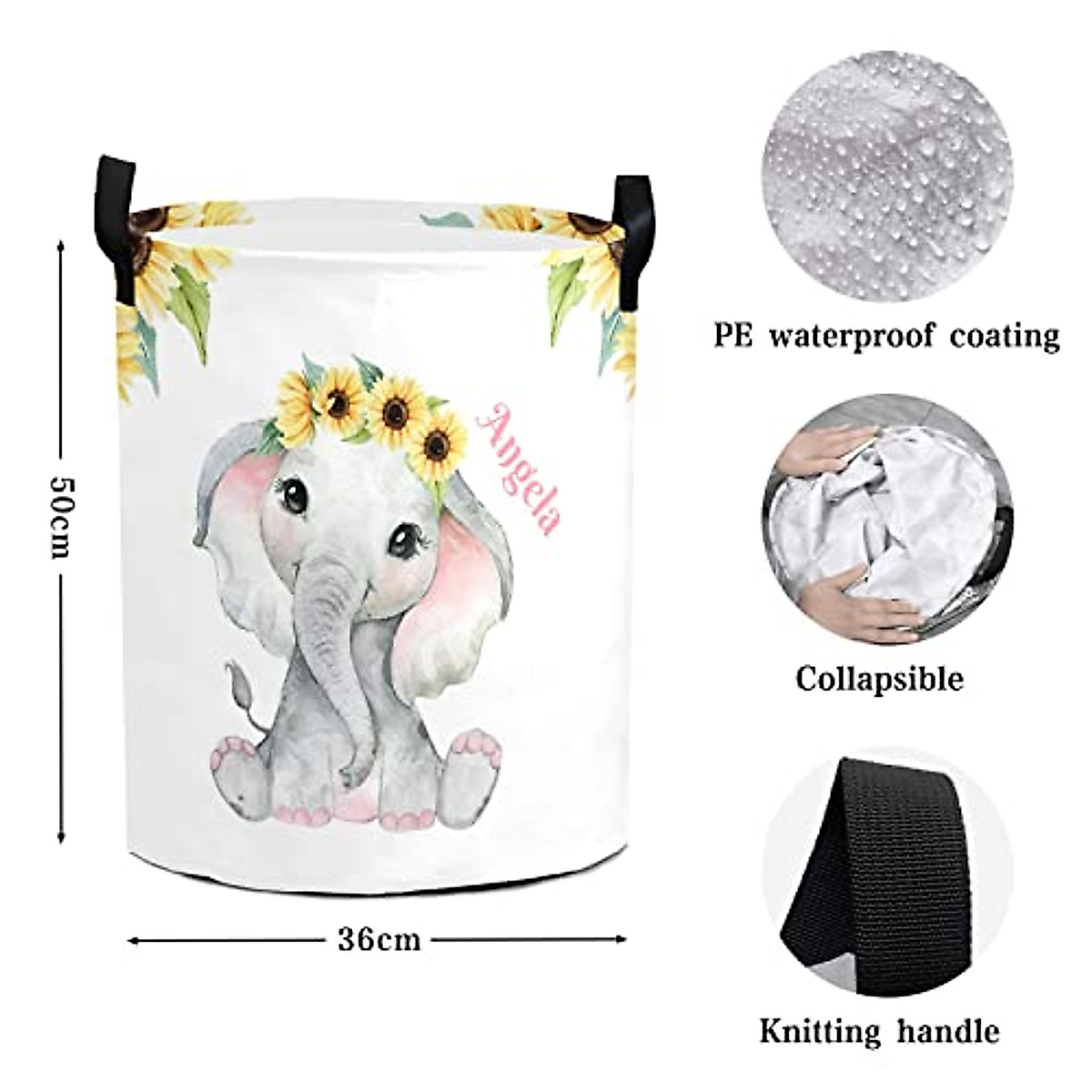Personalized Custom Sunflower Elephant Laundry Baskets with Name Collapsible Clothes Storage Basket with Handle for Bathroom Bedroom Kitchen