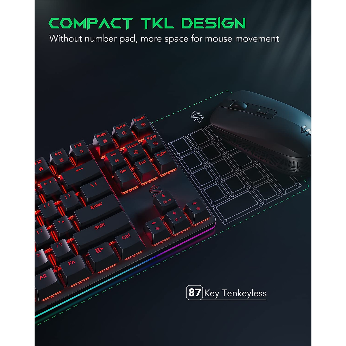 Black Shark RGB Mechanical Gaming Keyboard LED Backlit Wired Keyboard with Blue Switches, Fully Programmable, Anti-Ghosting 87 Keys for PC Laptop, Sixgill K1