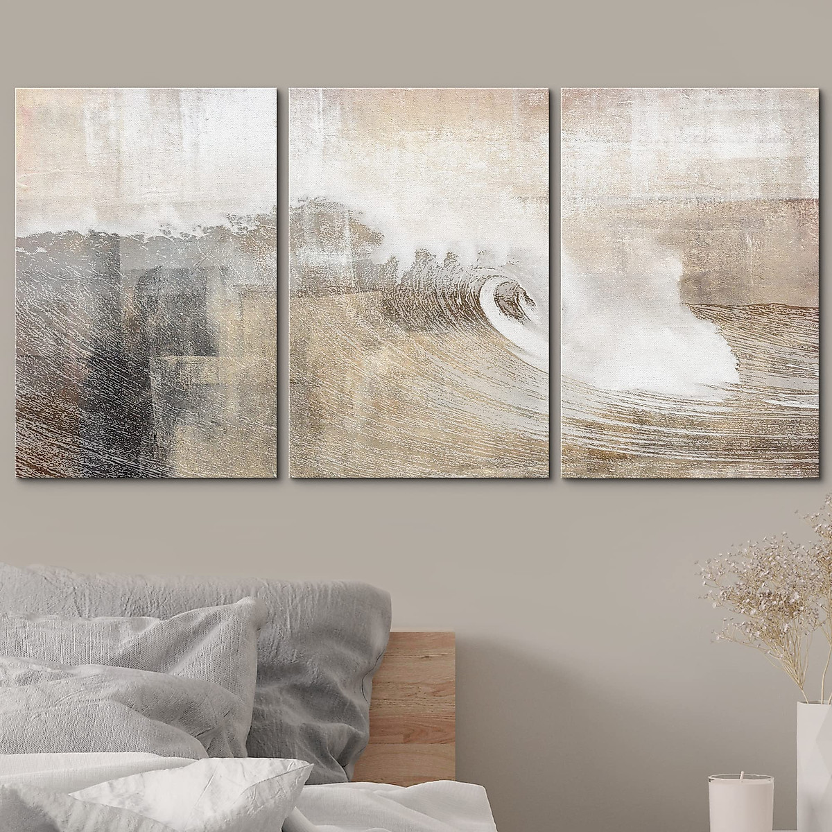 wall26 Canvas Print Wall Art Set Gray & Tan Color Block Ocean Wave Overlay Nature Wilderness Digital Art Modern Art Rustic Scenic Colorful for Living Room, Bedroom, Office - 16"x24"x3 Panels