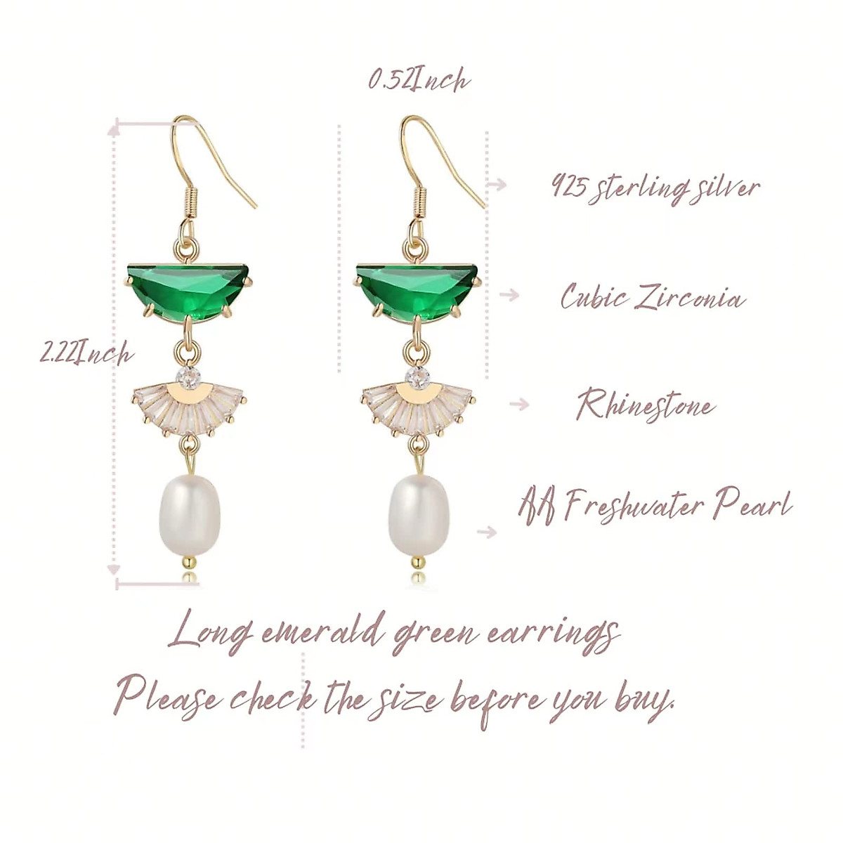 Emerald Green Dangle Drops Art Deco Austrian Crystal Vintage Cubic Zirconia Rhinestone Chandelier Earrings for Women,Weddings, Proms, Sterling Silver, freshwater Pearl Green Cubic Zirconia Rhinestone