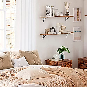 DINZI LVJ Long Wall Shelves, 31.5 Inch Wall Mounted Shelves Set of 2, Easy-to-Install, Wall Storage Ledges with Sturdy Metal Brackets for Living Room, Bathroom, Bedroom, Kitchen, Rustic Brown