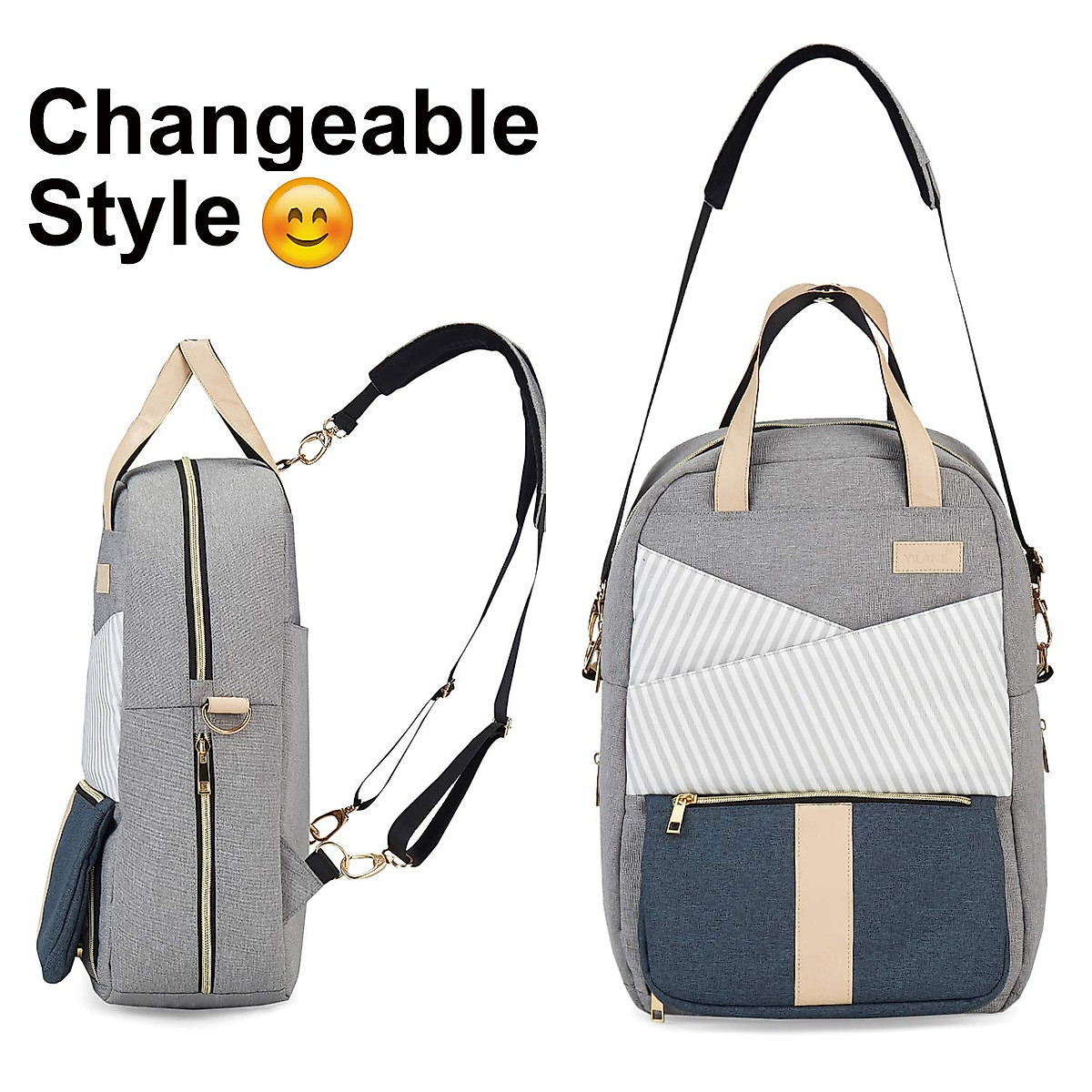 YILANE Diaper Backpack for Mom Daily Outing, Baby Bags for Mom USB Charging Port with Changeable Stroller Straps, Diaper Pad & Extra Bottle Cooler (Gray)