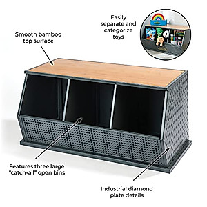 Badger Basket Metal and Bamboo Three Bin Stackable Charcoal/Natural Storage Cubby,97841