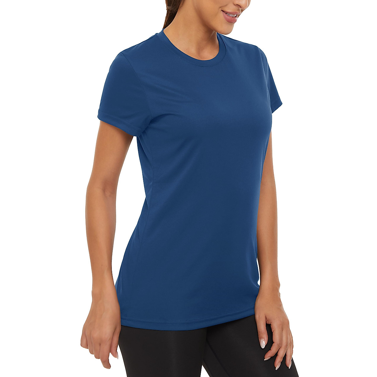 MAGCOMSEN Running Tops for Women Dry Fit Shirts Short Sleeve T-Shirts UPF 50+ Sun Protection Clothing Teal Shirts Cool Tee Shirts Blue Grey,L