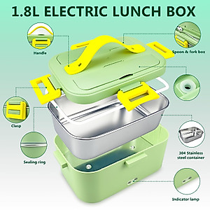 Electric Lunch Box,Fast 75W Food Heater,12V/24V/110V Portable Self Heating for Car Truck Home,1.8L Large-Capacity,304 Stainless Steel Container,0.45L Compartment,Fork Spoon,Carry Bag (green)