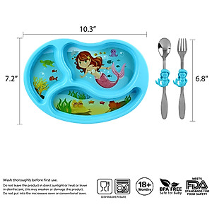 Kids Divided Plate with Utensils - Children's Meal Set with Plate, Fork and Spoon - Mermaid