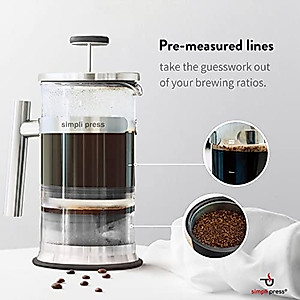 Simpli Press French Press Coffee & Tea Maker - Easy Cleanup & Customizable Smooth Coffee - Patented - Plastic-Free Premium Stainless Steel 34 oz - Black Color