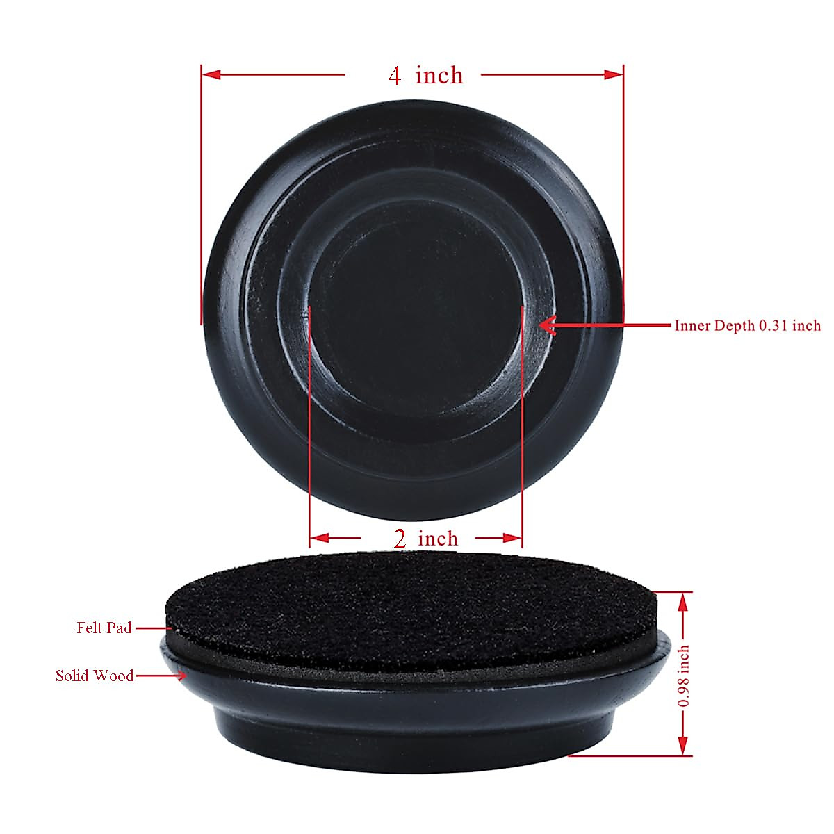 Upright Piano Caster Cups,Premium Quality Hardwood Piano Caster Pads Furniture Leg Pad Set of 4,with Non-Slip Moisture-Proof& Anti-Noise Felt Pads for Hardwood Floor Protectors ((Hardwood-Black)