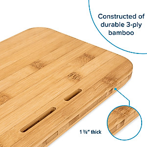 Camco RV/Marine Over The Sink Cutting Board | Features Adjustable Non-Slip Feet, Built-in Knife Slots, and a Durable 3-Ply Bamboo Construction | 24-inches x 8-inches (43543), Brown