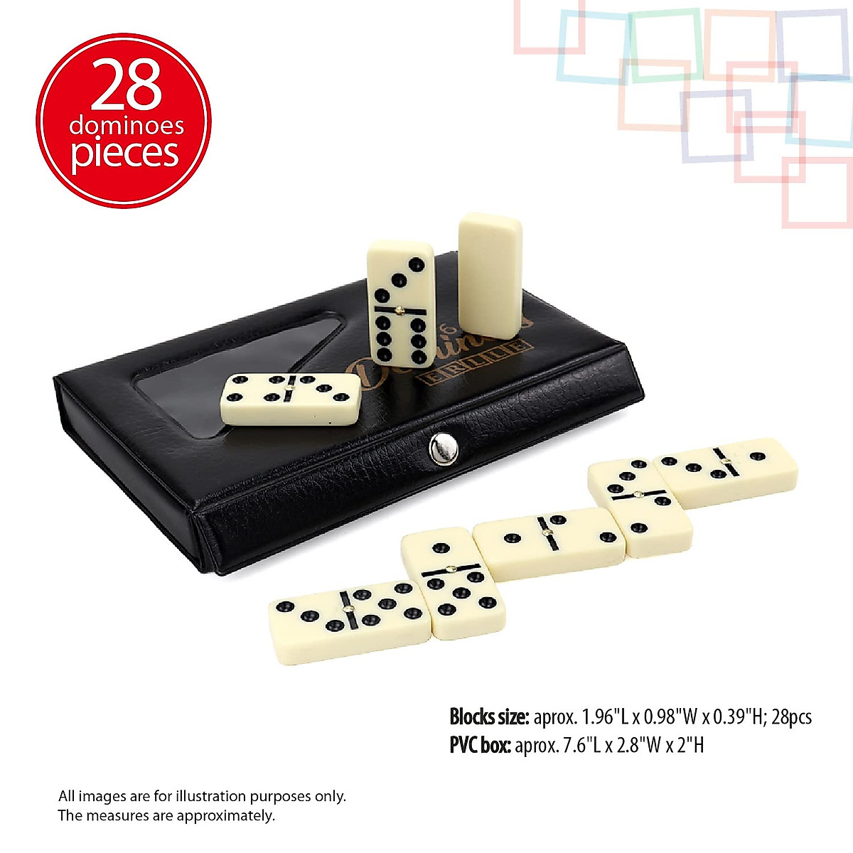 ERLLE Dominos Set Game. Premium Classic 28 Pieces Double Six Domino. Durable Leather Box. Kids, Boys, Girls, Party Favors and Anytime Use. Duoble 6 Dominoes.(PVC Edition)