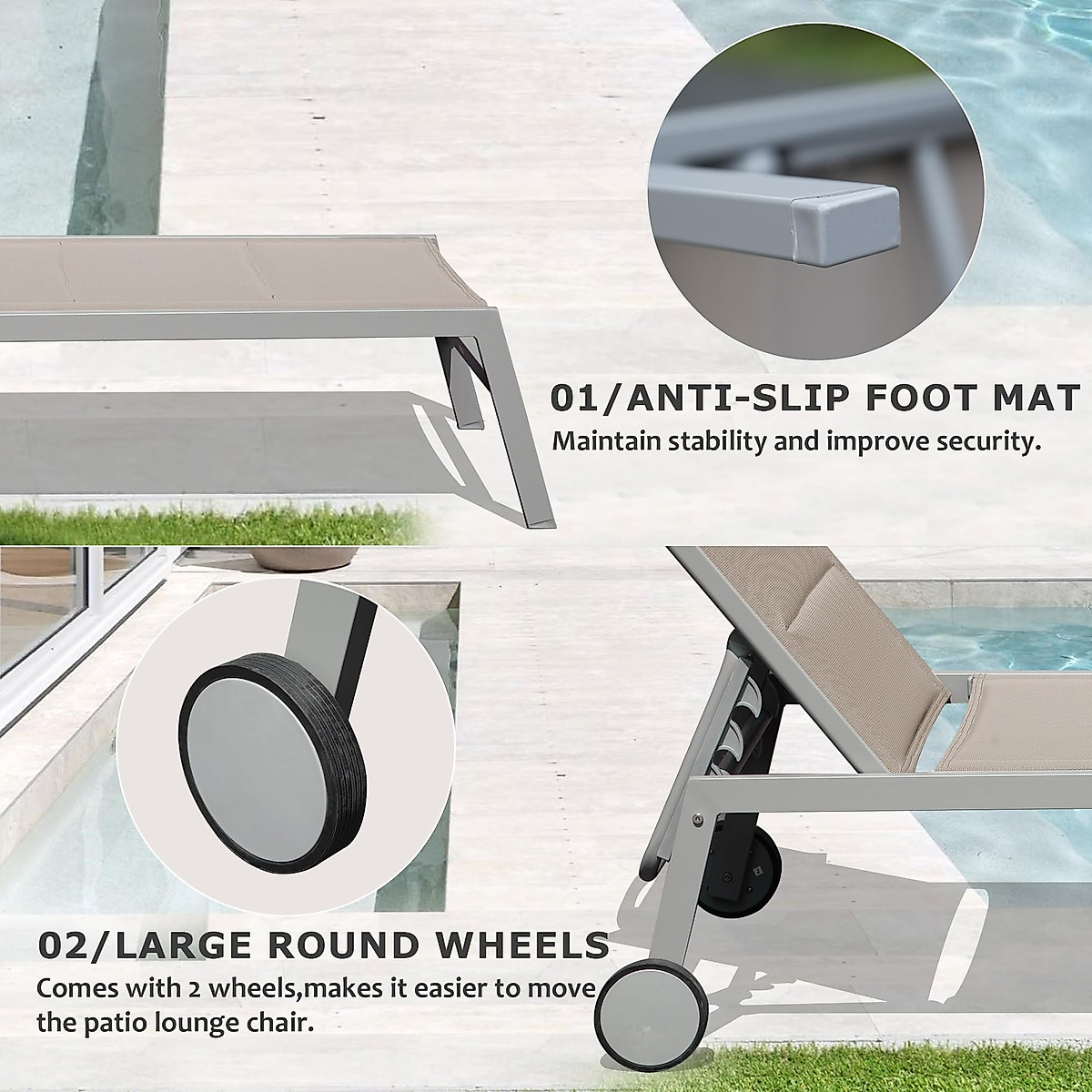 Domi Patio Chaise Lounge Set of 3, Aluminum Pool Lounge Chairs with Side Table and Wheels, Textilene Padded Adjustable Recliner All Weather for Patio Deck Poolside Beach Yard, Lawn, Khaki