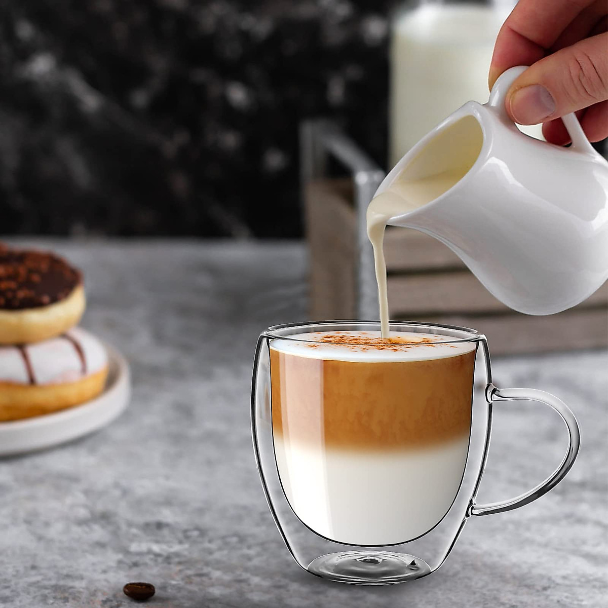 Dyserbuy Double Wall Glass Coffee Mugs Set of 4, 8.5oz Insulated Espresso Cups Coffee Cups, Drinking Glasses with Handle, Perfect for Latte,Cappuccino,Hot Chocolate,Tea and Juice