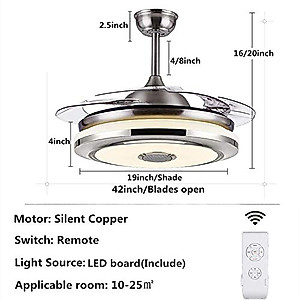 Fandian 42'' Modern Smart Ceiling Fans with Light,Bluetooth Speaker Music Player Chandelier, 3 Colors 3 Speeds Retractable Blades with Remote Control, Silent Motor with LED Kits (42in-Silver1)