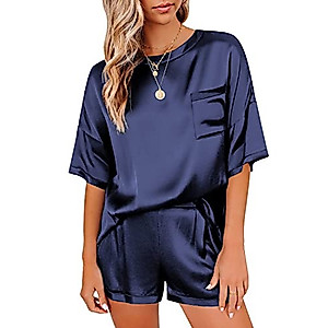 BEKOFO Women's Silk Satin Pajamas Two Piece Pj Sets Crewneck Short Sleeve Tops and Shorts Sleepwear Loungewear Silky Pjs Gift for Women Navy Blue Small