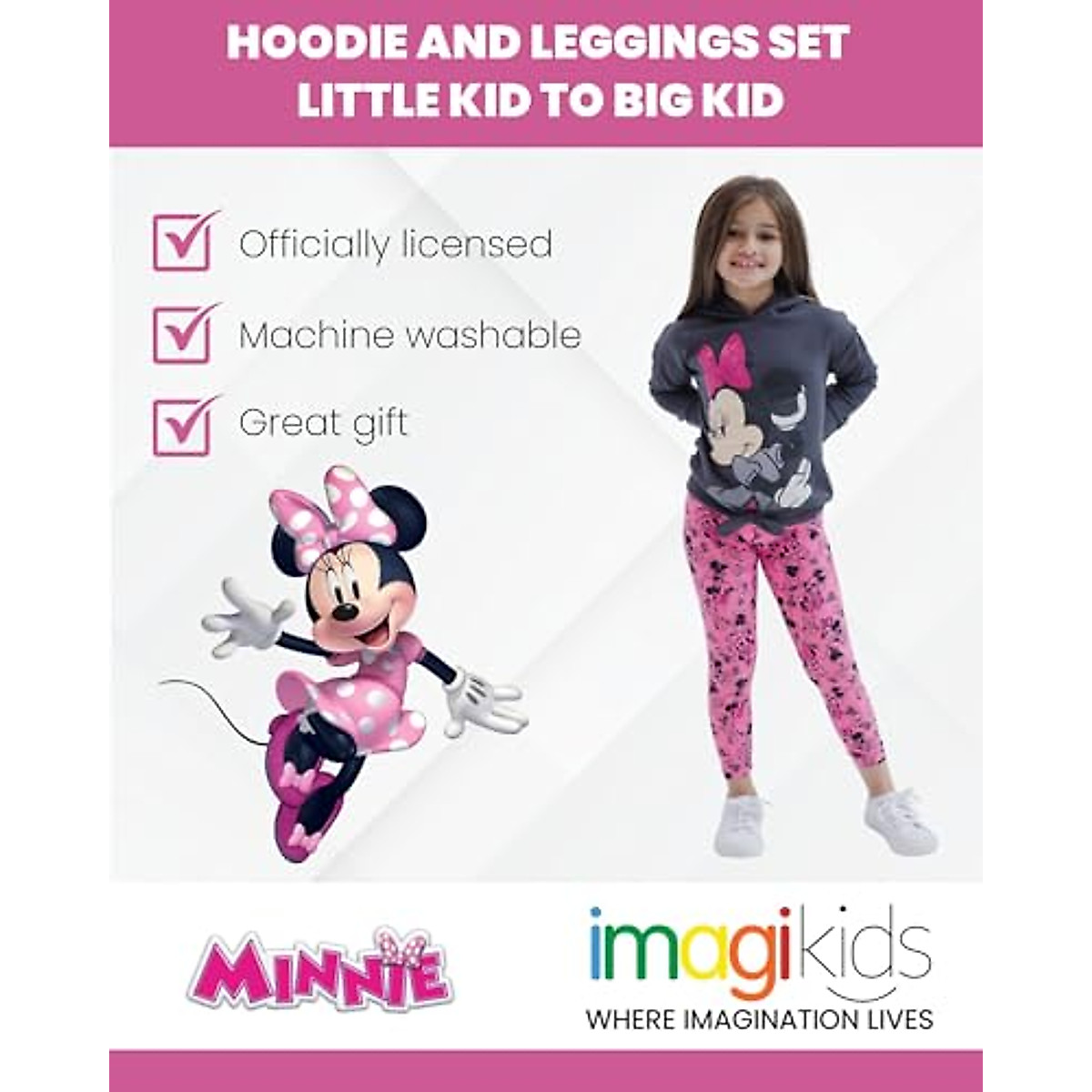 Disney Minnie Mouse Little Girls Pullover Fleece Hoodie and Leggings Outfit Set Gray 7-8