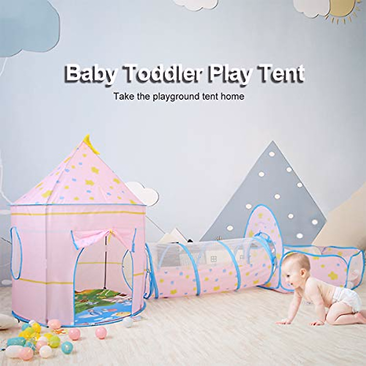 Kids Play Tent 3 Pieces, Pop Up Play Tents with Crawl Tunnel & Ball Pit with Basketball for Kids, Boys, Girls, Babies and Toddlers, Indoor/Outdoor Playhouse, Best Gift for 18 Months-8 Year Old, Pink