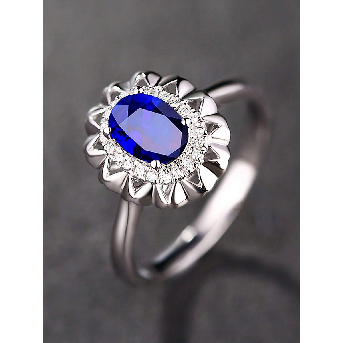 KnBoB Women Flowers Oval Shape 0.6ct Sapphire Ring 18K White Gold Promise Wedding Engagement Bridal Anniversary Ring Size 4