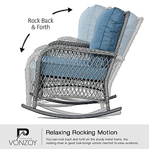 VONZOY Patio Furniture Set 3 Pieces, Wicker Rocking Bistro Set with Thick Cushions, Outdoor Rocker Chairs and Coffee Table for Porch, Backyard or Garden (Blue)
