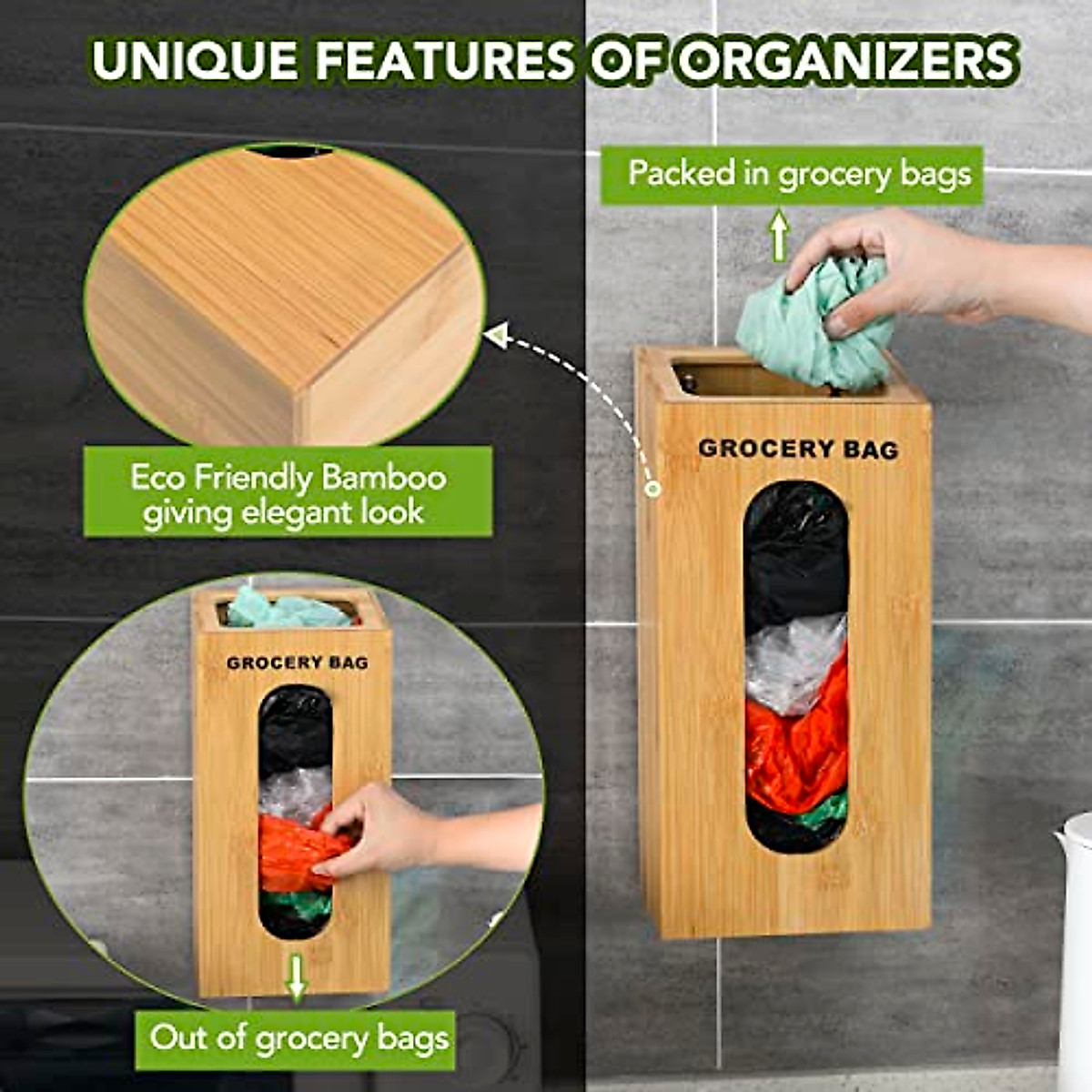 Grocery Bag Dispenser Plastic Bag Holders for Grocery Bags - Bamboo Trash Bag Dispenser, Can Hold 50-60 Used Shopping Bags -Grocery Bag Storage Organizer for Kitchen - Large Opening & Slot - 5"x7"x15”