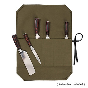 Kaaltisy Knife Roll Bag, 16oz Waxed Canvas Chef Knife Bag with 5 Slots, Specialized Anti Cutting Fabric Knife Holder with Tie Rope | Army Green