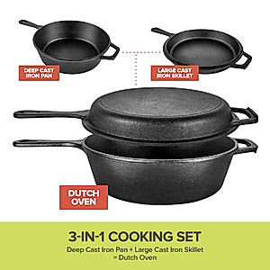 Modern Innovations 3-in-1 Dutch Oven, Cast Iron Pan (3.2QT) and Cast Iron Skillet (1.6QT) Combo, Cast Iron Pan with Lid, Preseasoned Cast Iron Pots and Pans Set, RV or Lodge Camping Cast Iron Set