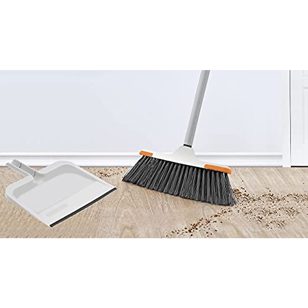 Superio Angle Broom and Clip-On Dustpan Set, Slim Hand Broom Telescopic Handle 53 Inches Tall, Clip On Dust Pan with Low Edge Rubber Lip
