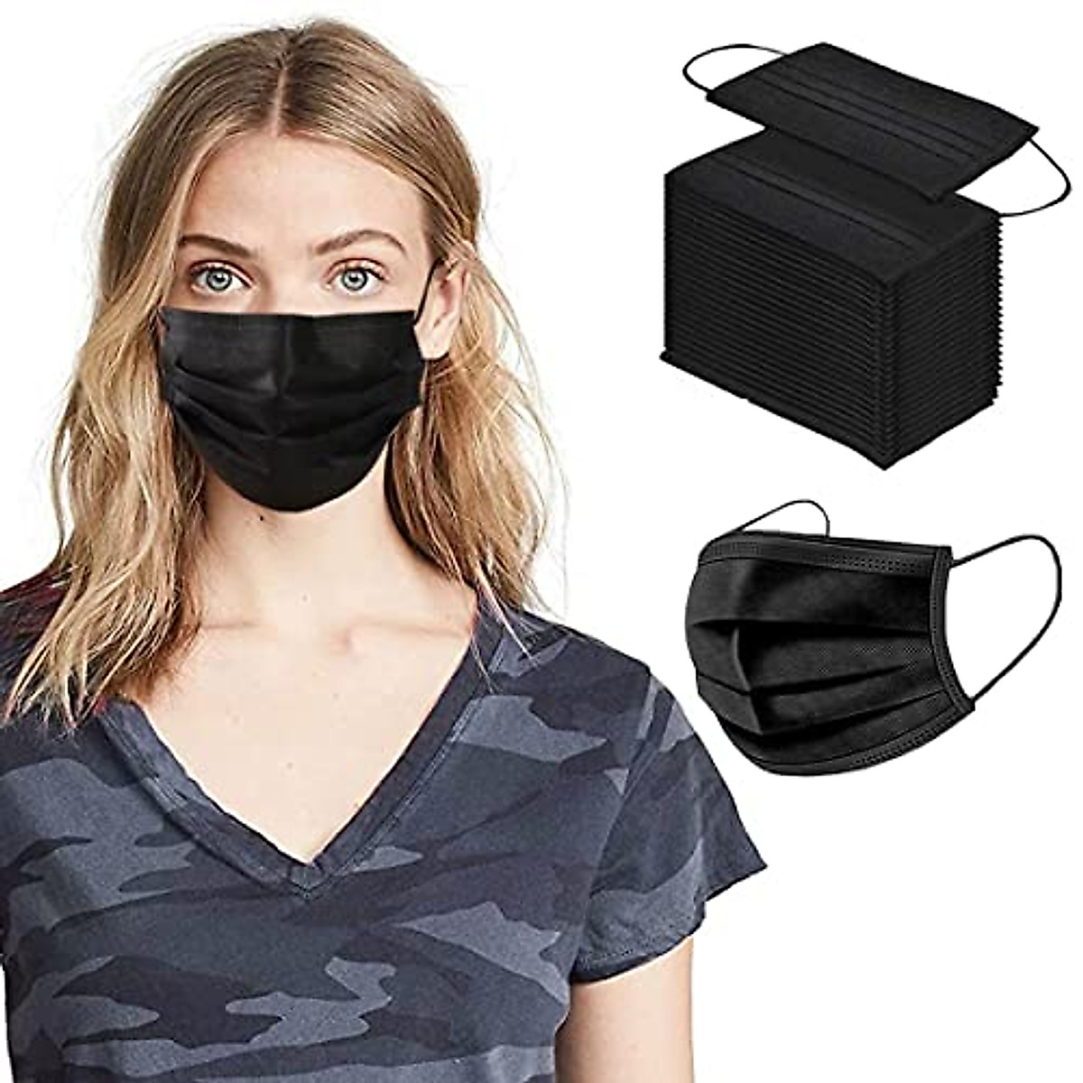 Black Disposable Face Masks, 100Pcs Adult Face Mask 3 Ply Safety Mouth-Cover with Elastic Earloops, Breathable Face Protection for Men & Women,non-medical