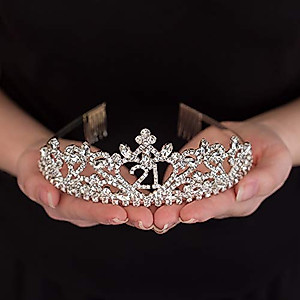 Ella Celebration 21st Birthday Tiara 21 Crown for Women Birthday Party Headband Hair Accessories Supplies (Silver Heart)