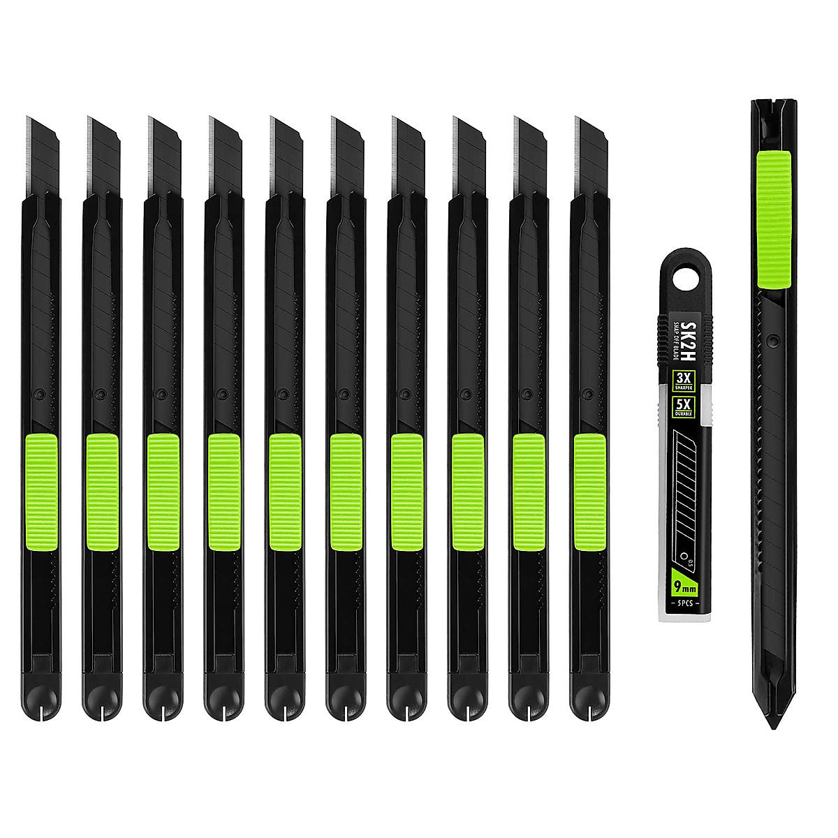 FantastiCAR 9mm Precision Retractable Auto-Lock Utility Knife Lightweight Box Cutter Set (11pcs) with Extra 5 SK2H Blades, Staple Puller Design and Metal Body