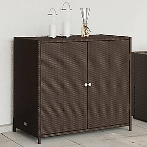 loibinfen Wicker Outdoor Storage Cabinet with Two Doors, Freestanding Outdoor Patio Storage Unit, Rattan Deck Box, Brown 32.7"x17.7"x29.9" Poly Rattan, -83