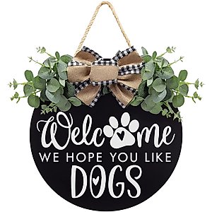Welcome We Hope You Like Dogs Farmhouse Door Sign for Front Door Porch Decor with Eucalyptus Leaves & Buffalo Bow - Welcome Wreath Sign Hanging for Dogs Lovers Spring Summer Decor Housewarming Gift