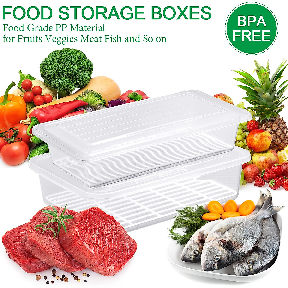 Meanplan Food Storage Containers for Fridge Plastic refrigerator Organizers with Removable Drain Plate and Lid Stackable Produce Containers to Keep Fruits, Vegetables, Meat (12 Packs)