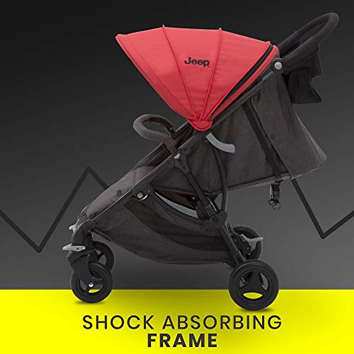 Jeep Gemini Stroller by Delta Children - Full of Features: Easy One-Hand Fold, Recline, Lightweight, Oversized Canopy, 2 Cup Holders, Shock Absorbing Frame, Grey Tweed with Red