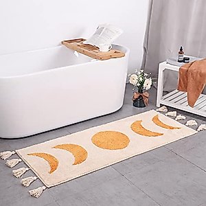 LABEND HOME Half Moon Bohemian Area Rugs, Moon Phases Bath Mat with Tassels for Bathroom, Bedroom, College, Dorm, Boho Room Décor, Beige Neutral Creamy Orange 20x60