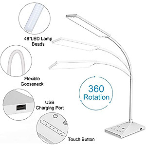 K&ZZ LED Desk Lamp, Dimmable LED Table Lamp, Eye-Caring Study Light with USB Charging Port, Office Light with 5 Lighting Modes 7 Brightness Levels, Touch-Sensitive Reading Light, White