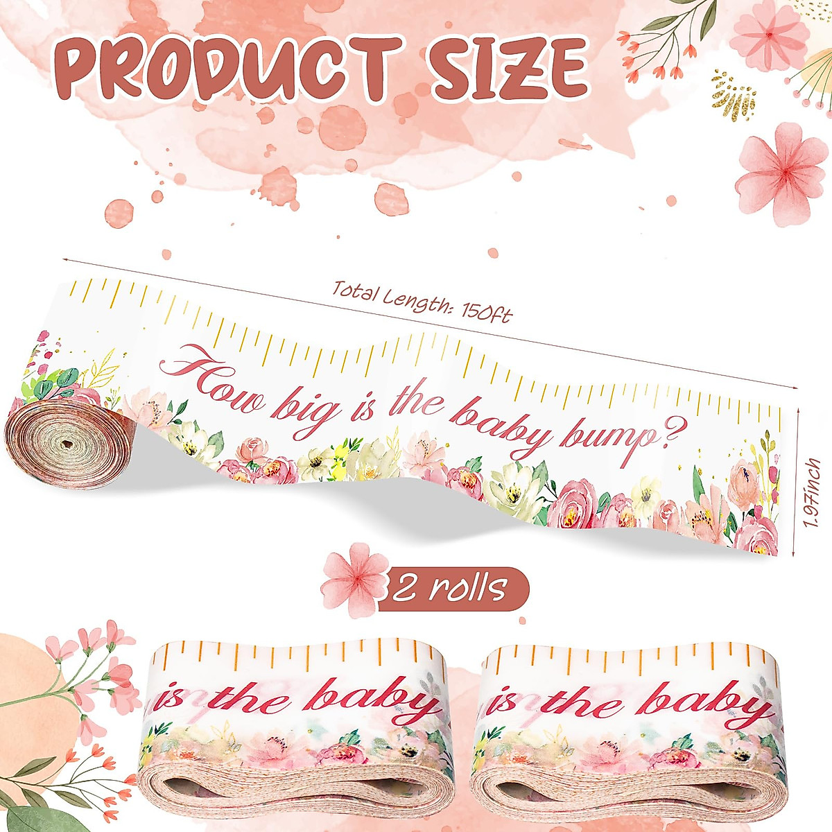 Baby Shower Games, 2 Rolls 2 Inch x 150 Feet Belly Measure Game, Floral Baby Shower Tummy Measure Belly for Baby Shower Party Supplies