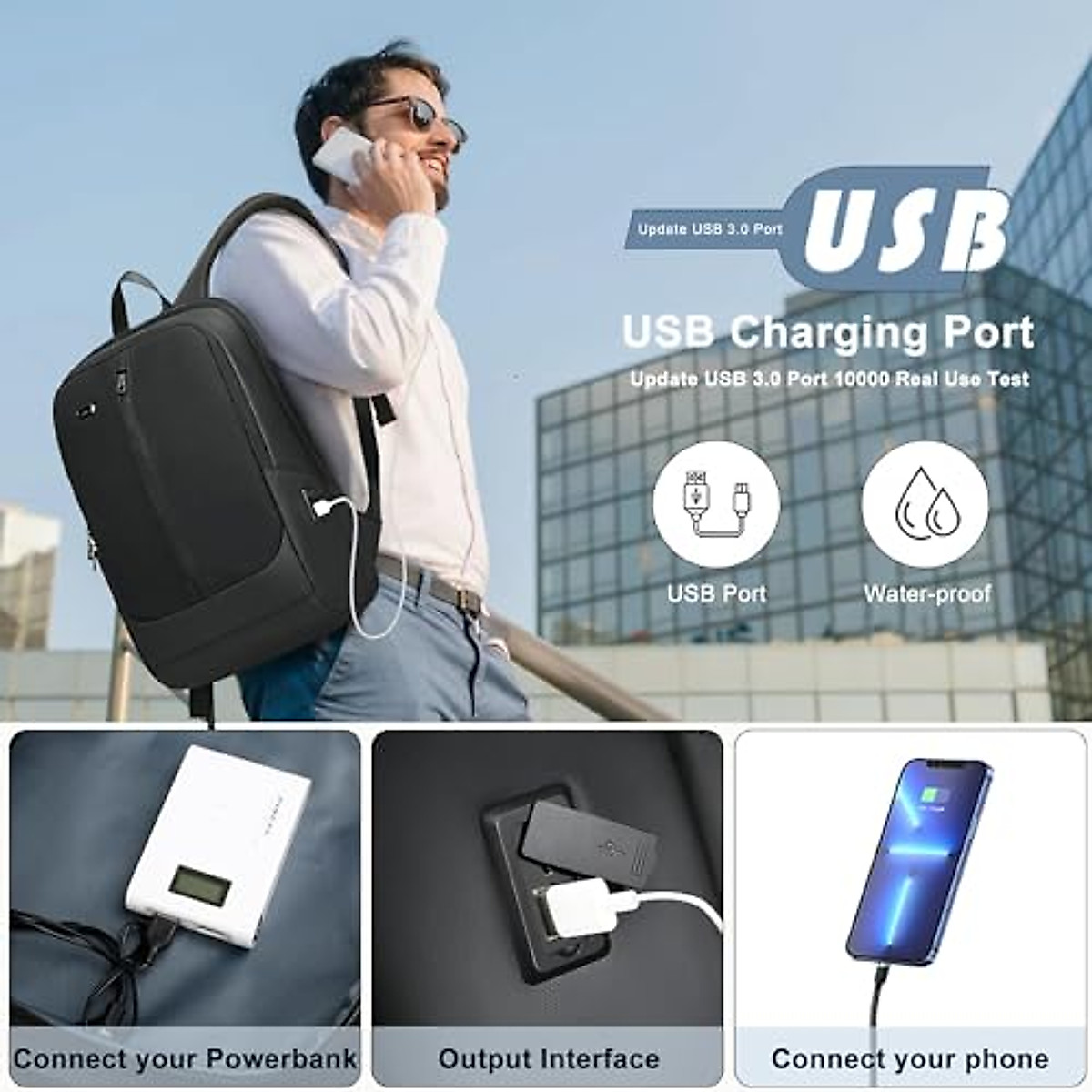 Business Backpack for Men, Slim Laptop Backpack Waterproof 17 inch, Lightweight Compact Computer Backpack with USB Charging, Thin Backpack Sleek for Travel Work Office and College - Black