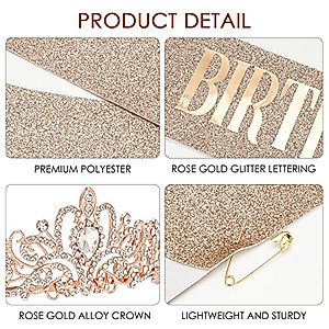 Makone Birthday Tiara for Women, Birthday Queen Crowns with Birthday Girl Sash, Crown for Girls Rose Gold, Rhinestone Tiaras with Combs, Crystal Headband Hair Accessories Glitter Sash for Party